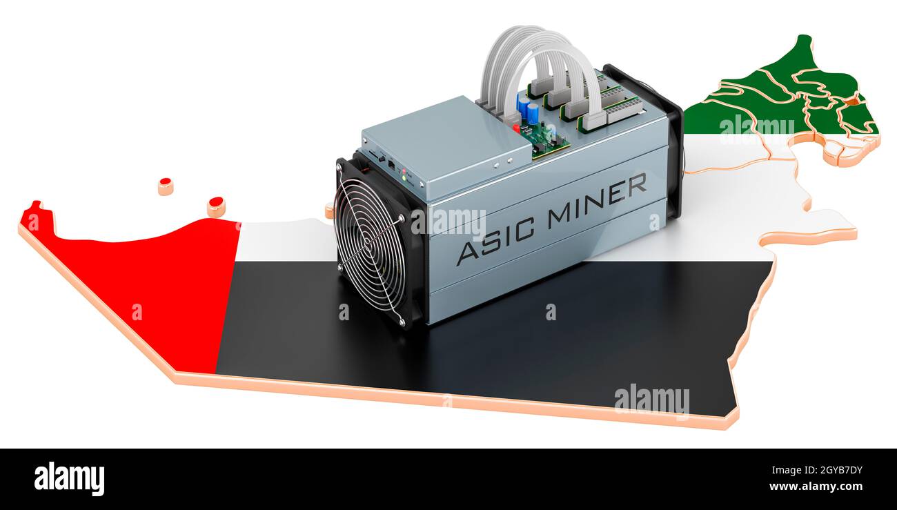 Mining in the UAE, concept. ASIC miner with the United Arab Emirates ...