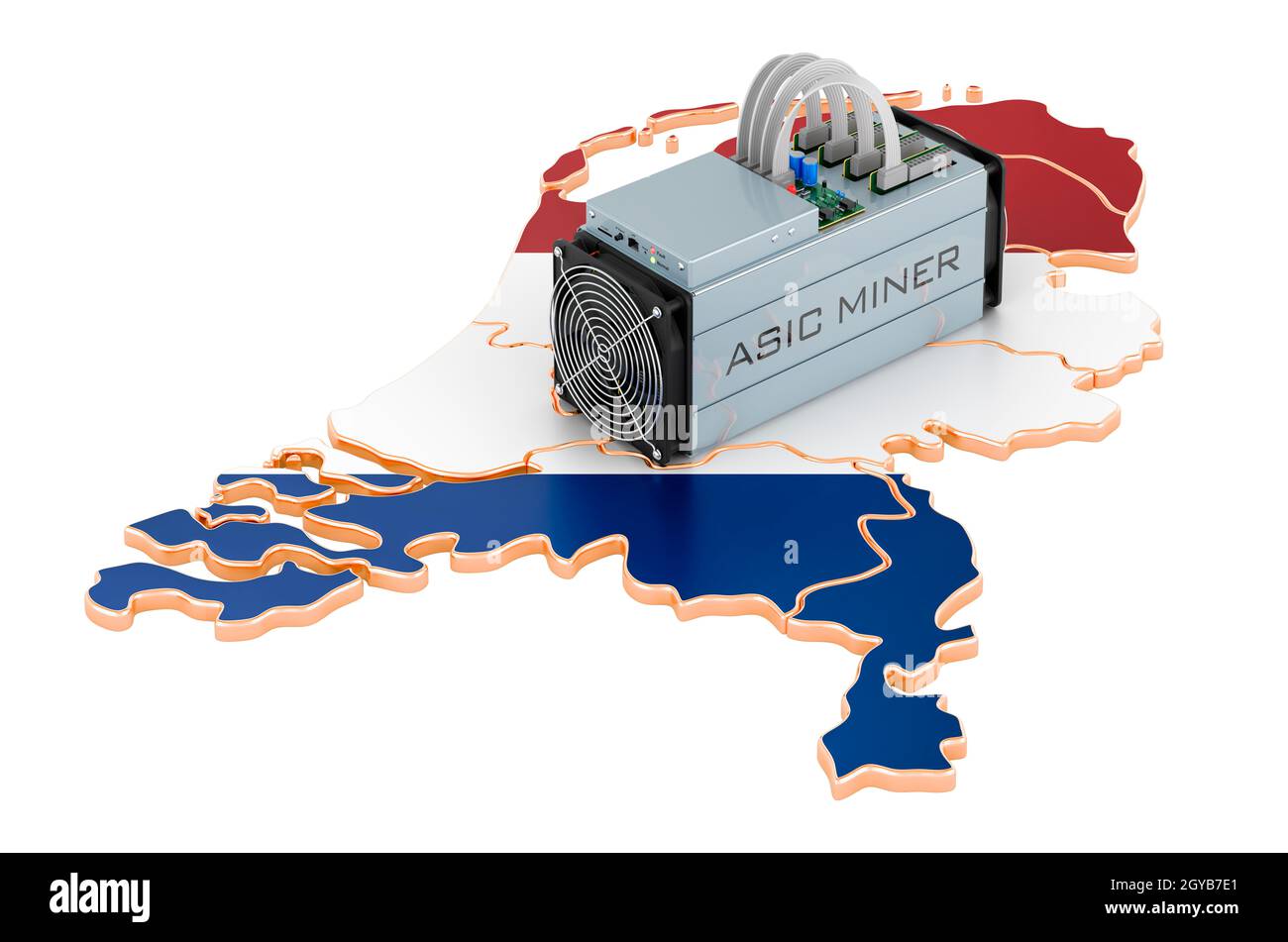 Mining in the Netherlands, concept. ASIC miner with the Netherlands map ...