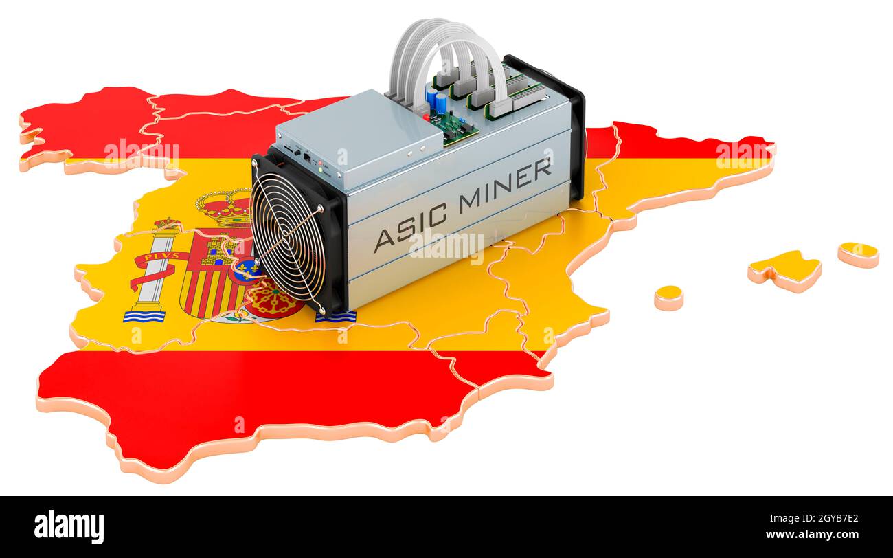 Mining in Spain, concept. ASIC miner with Spanish map. 3D rendering ...