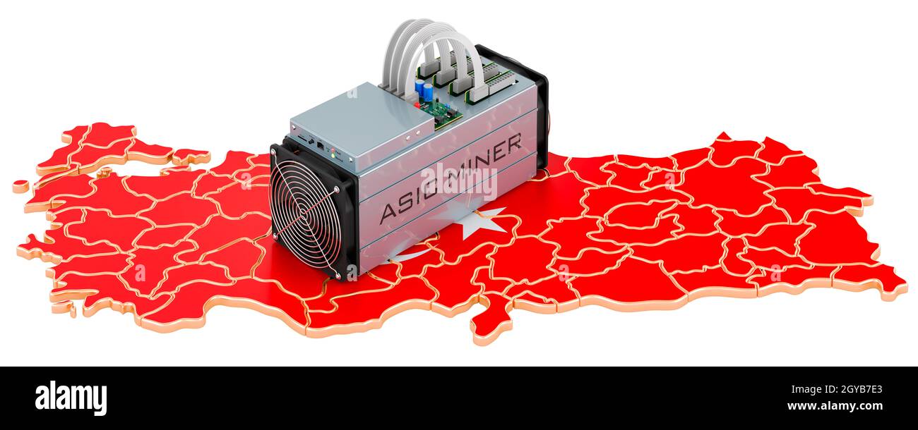 Mining in Turkey, concept. ASIC miner with Turkish map. 3D rendering ...