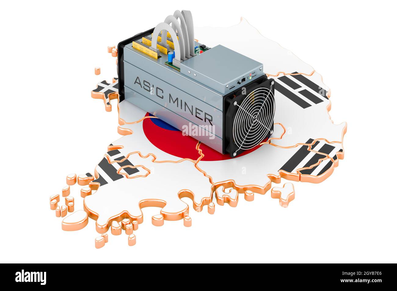 Mining in South Korea, concept. ASIC miner with South Korean map. 3D rendering isolated on white ...