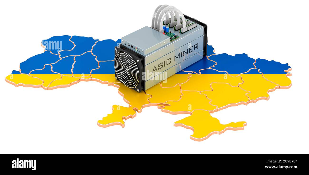 Mining in Ukraine, concept. ASIC miner with Ukrainian map. 3D rendering ...