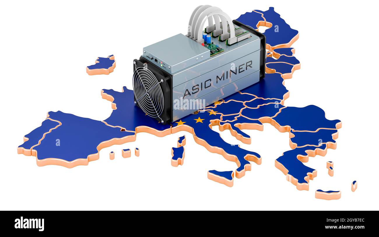 Mining in the European Union, concept. ASIC miner with the EU map. 3D ...