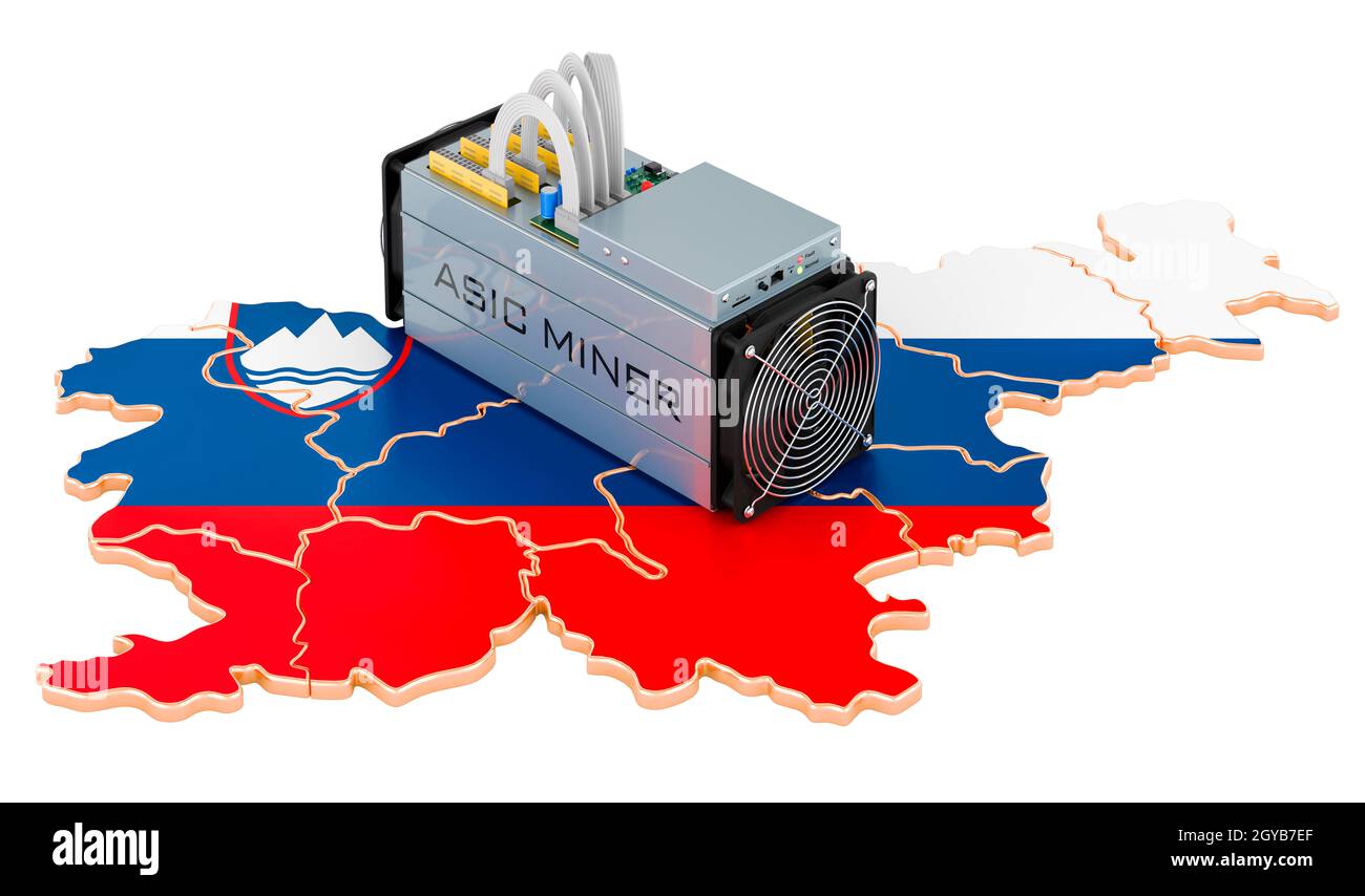 Mining in Slovenia, concept. ASIC miner with Slovenian map. 3D ...