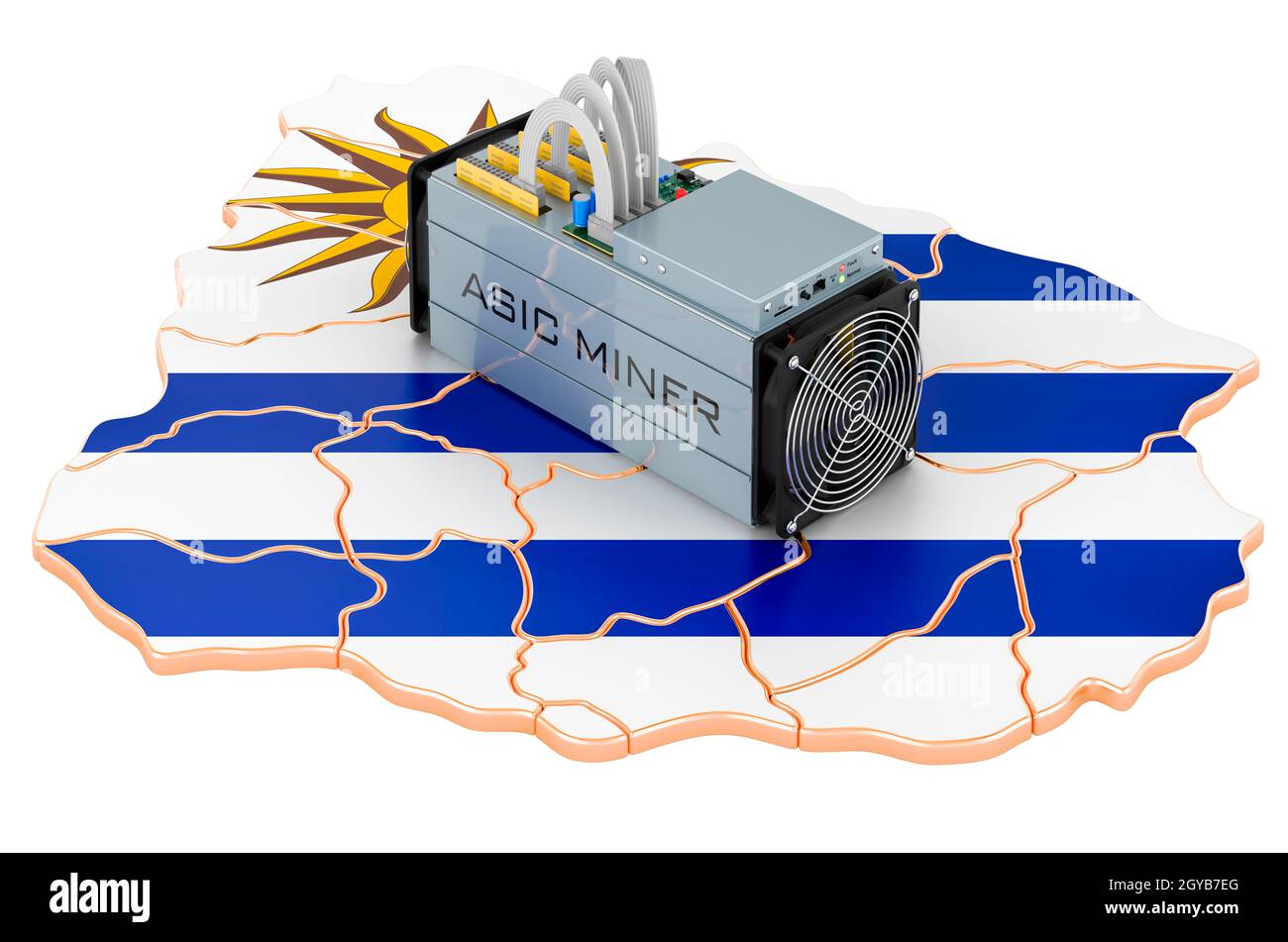 Mining in Uruguay, concept. ASIC miner with Uruguayan map. 3D rendering ...
