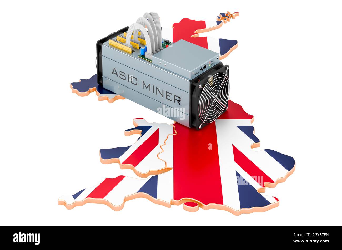Mining in the Great Britain, concept. ASIC miner with British map. 3D ...