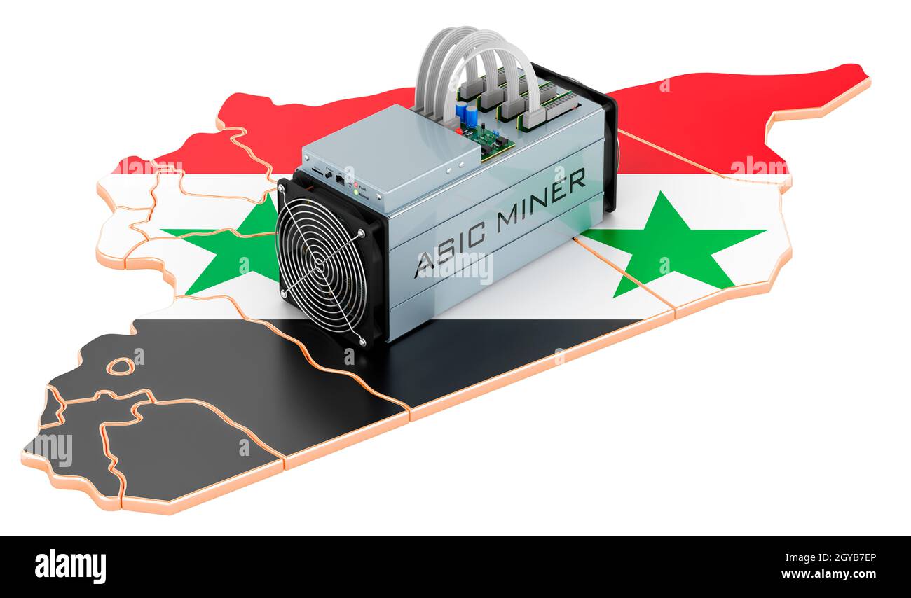 Mining in Syria, concept. ASIC miner with Syrian map. 3D rendering isolated on white background ...
