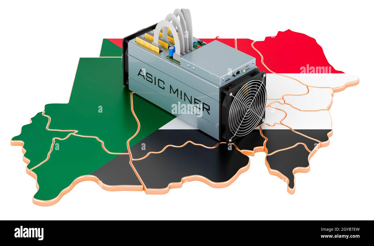 Mining in Sudan, concept. ASIC miner with Sudanese map. 3D rendering ...