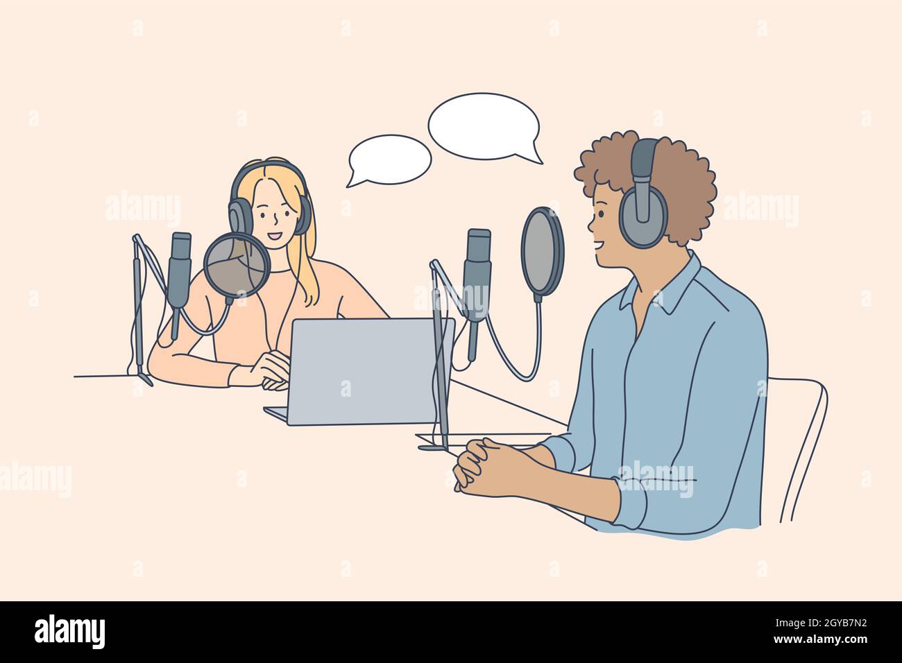 Communication, interview, conversation, podcast concept. Young happy ...