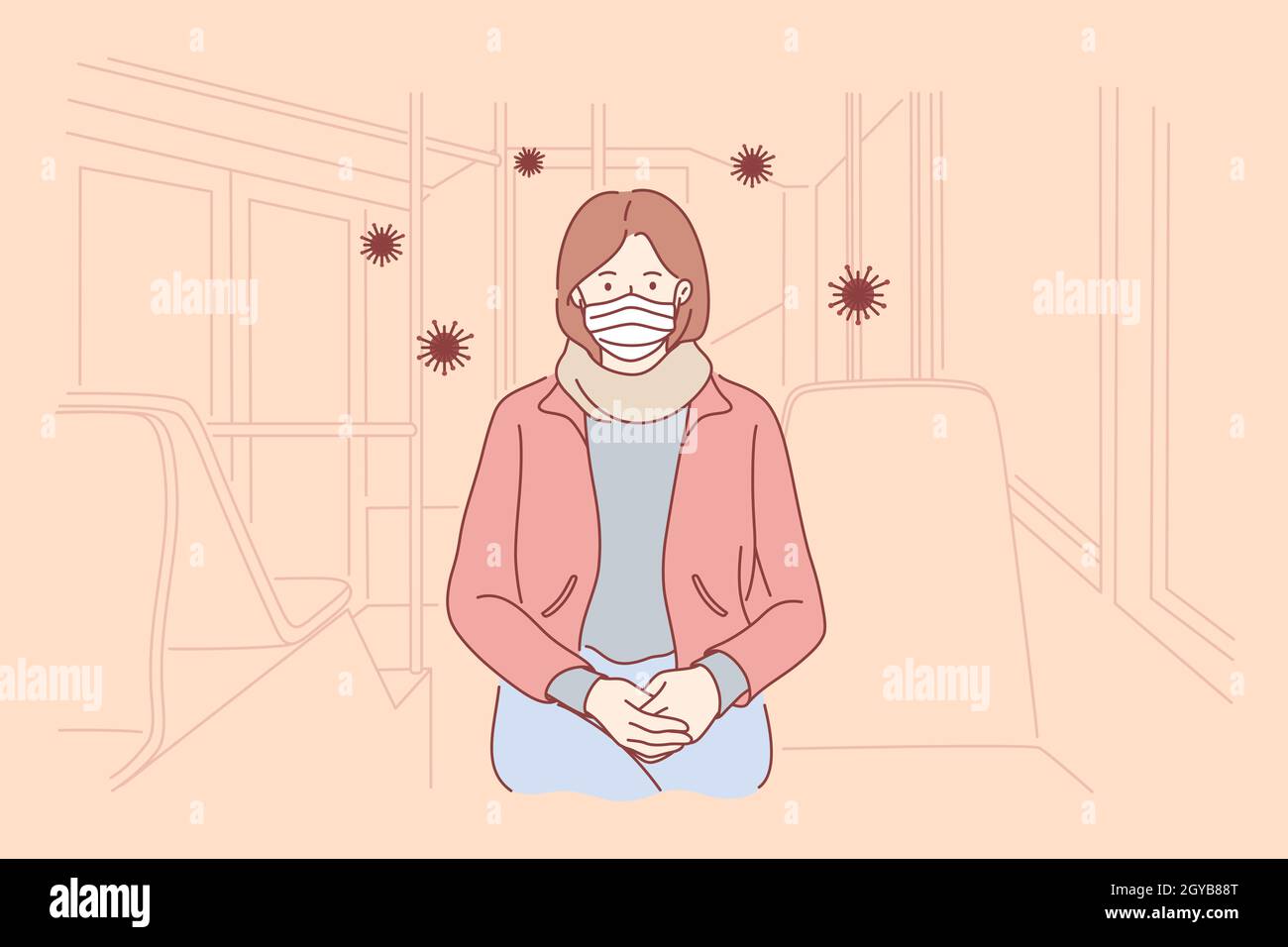 Biohazard, danger, coronavirus, protection concept. Woman cartoon ...