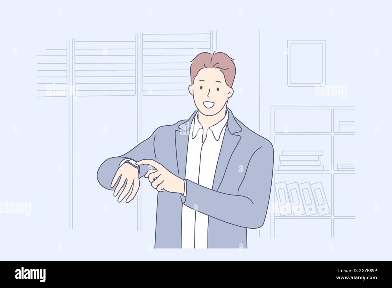 Time management, business concept. Young smiling businessman girl clerk ...
