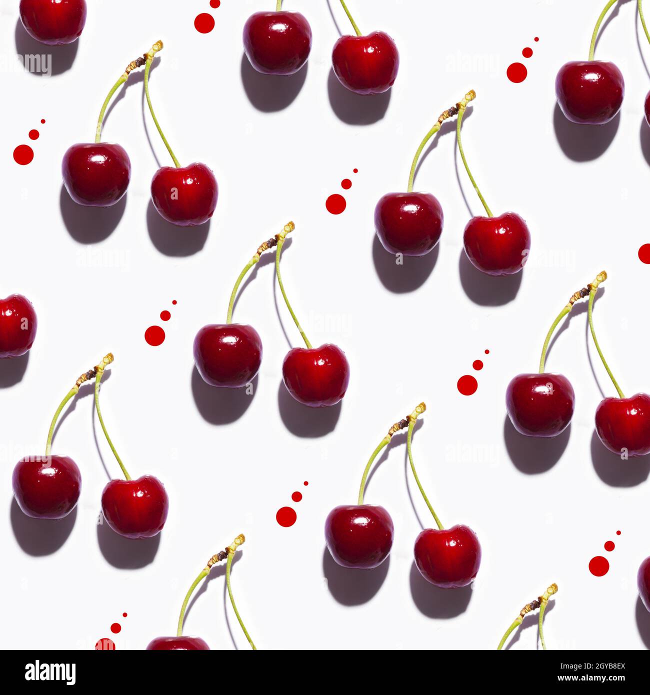 Closeup shot of cherries with white background and 3d rendered patterns ...