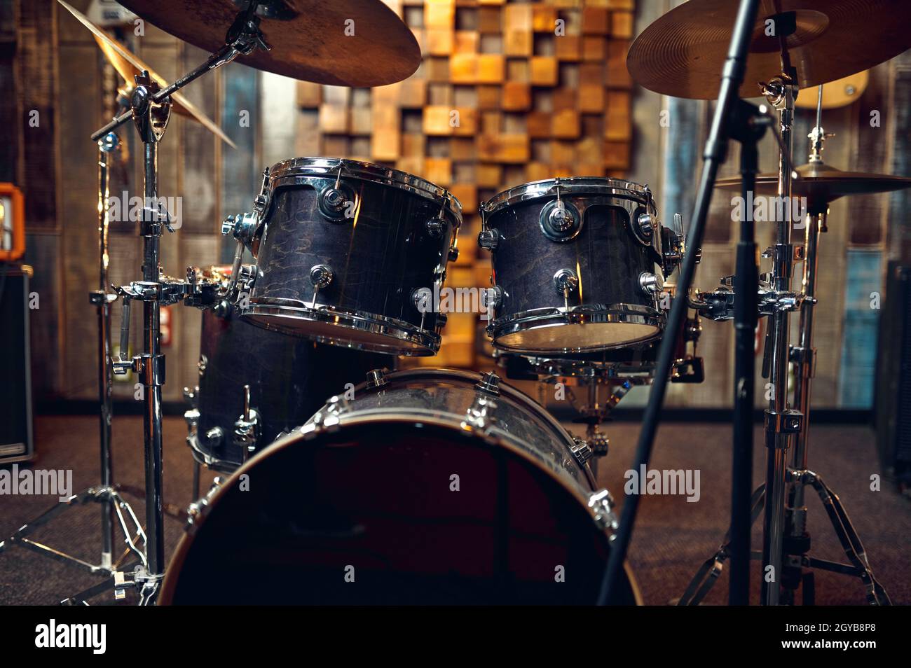 Professional drum kit closeup, nobody. Rock band concert repetition ...