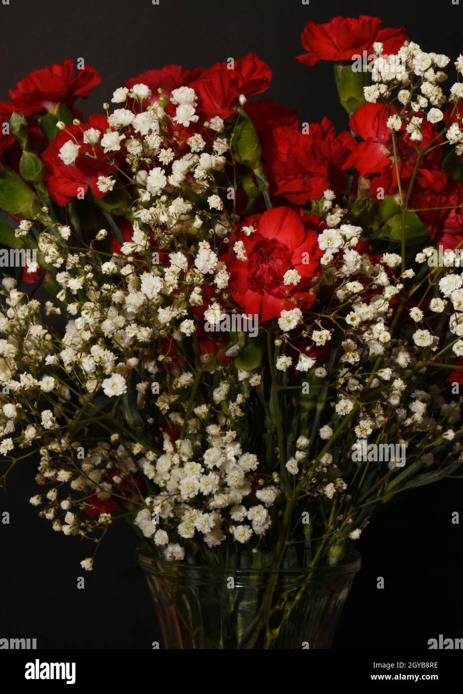 A close up of a bouquet of red carnations and baby's breath in a glass ...