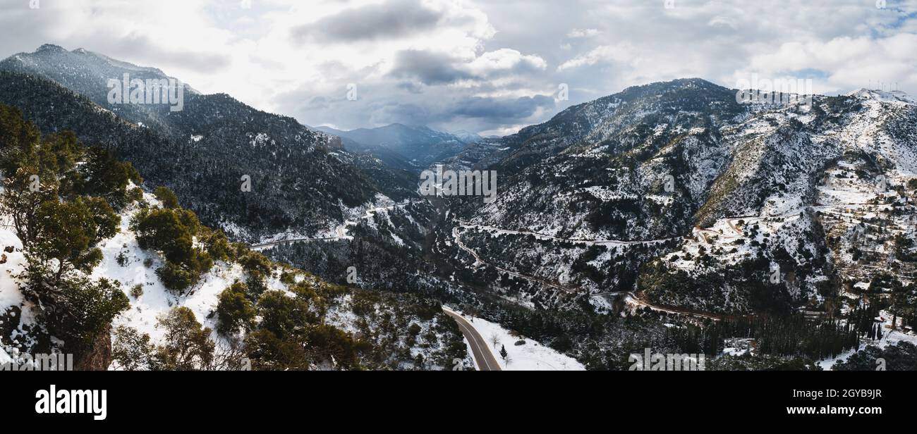 Panoramic aerial view at Vouraikos gorge with Diakopto-Kalavryta rack ...