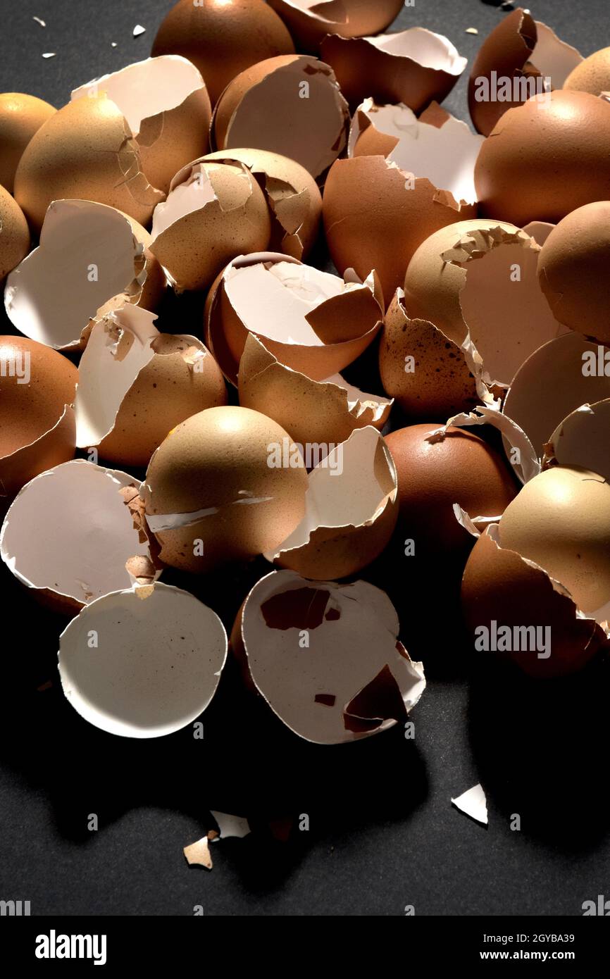 pile of eggshells on black background Stock Photo - Alamy