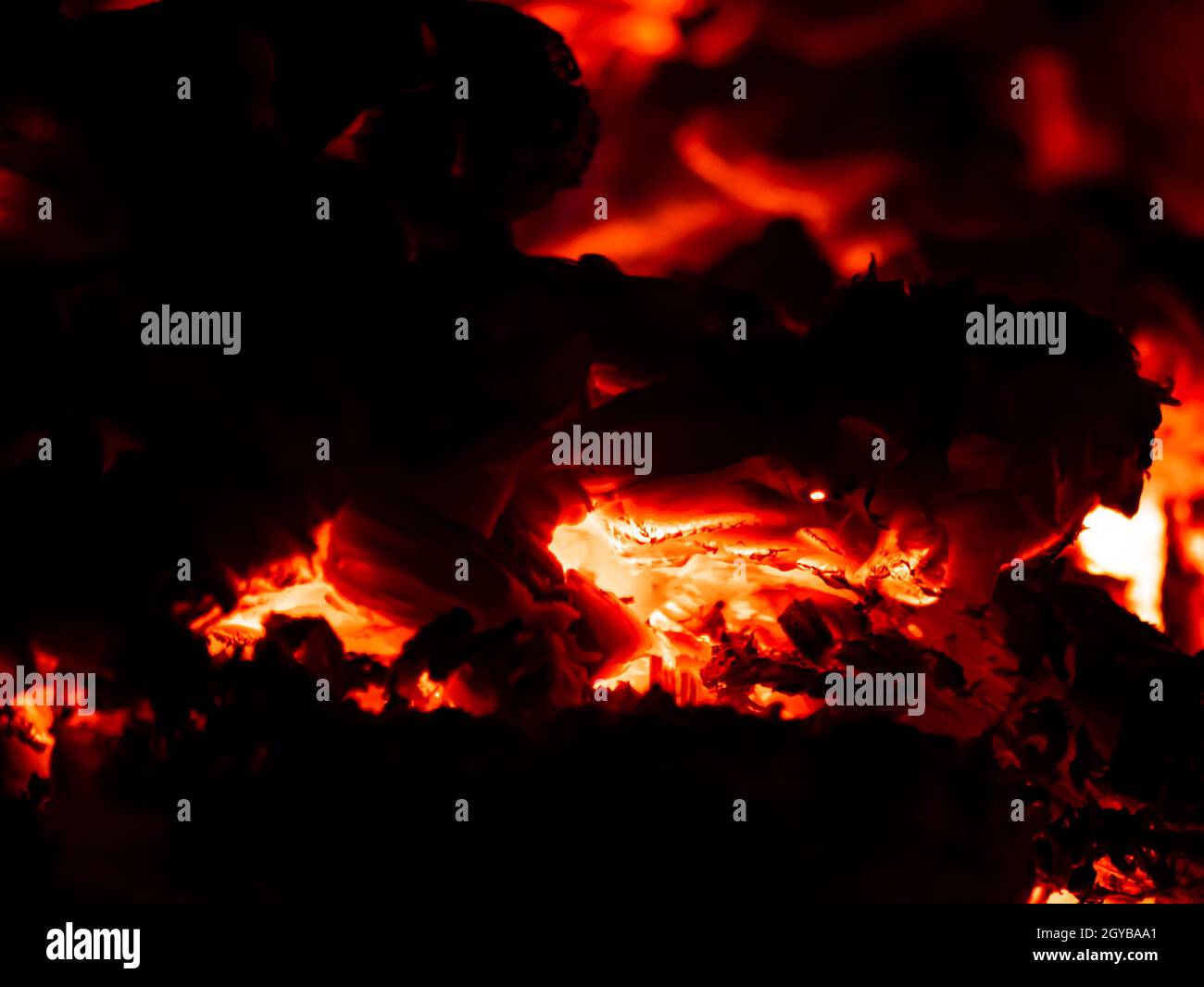Red heat of charcoal burning wood in the dark. Fire. Background image ...