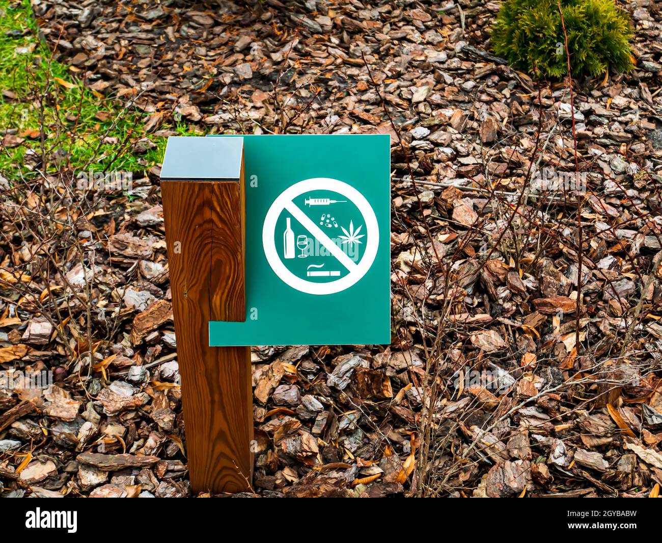 A warning sign about the rules of conduct in a public park. Ban ...
