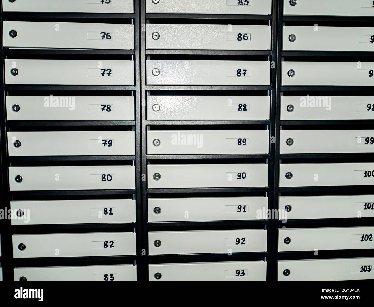 A block of mailboxes with numbers in a residential building. Place for ...