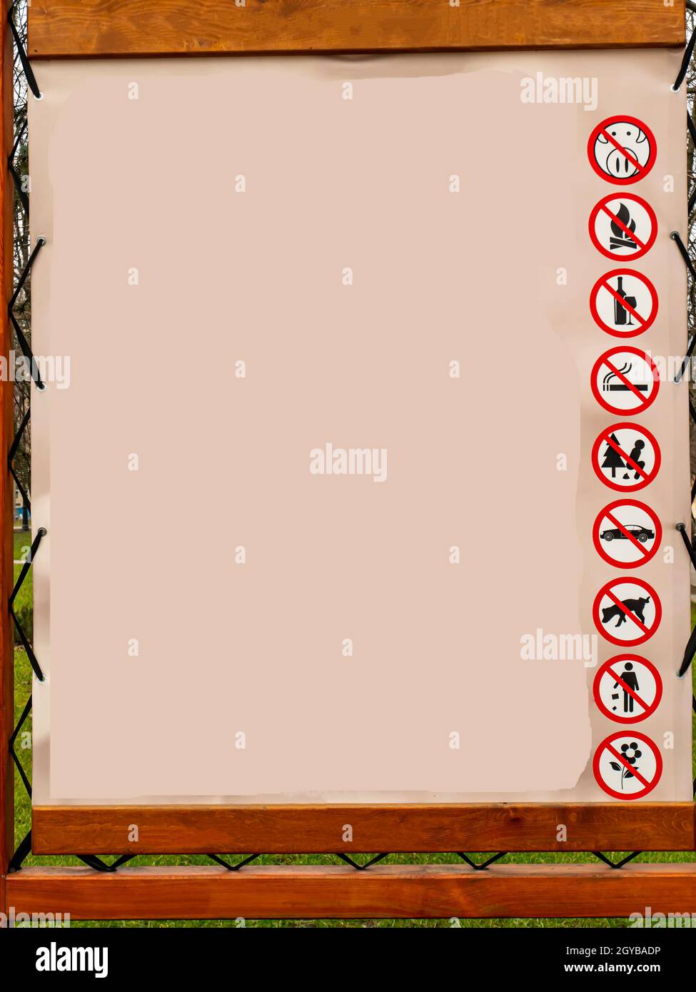 Warning sign about the rules of conduct in a public park. Prohibition ...