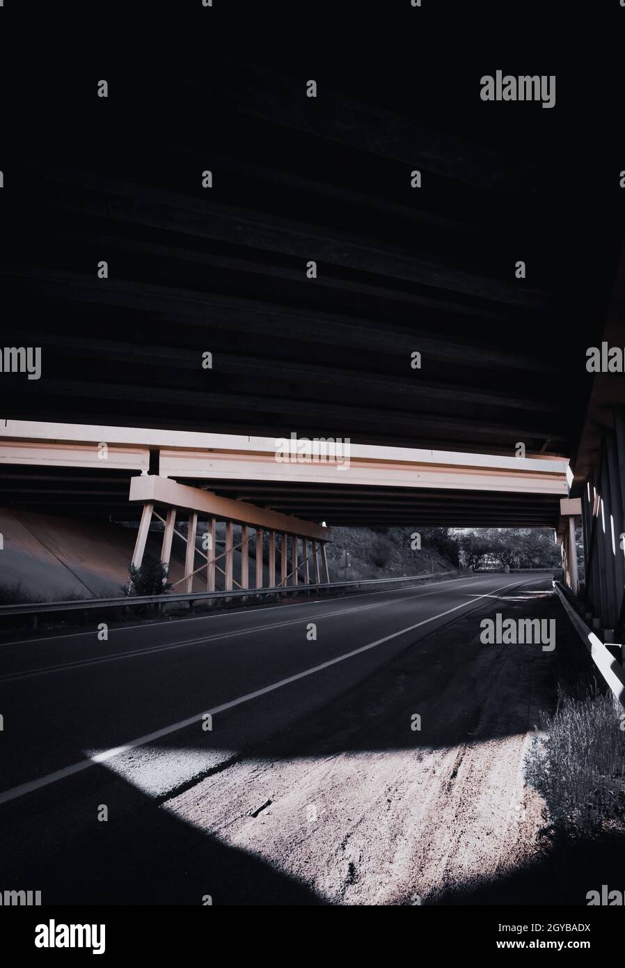 Asphalt road under a concrete bridge - urban photography in grayscale ... Asphalt road under a concrete bridge - urban photography in grayscale ...