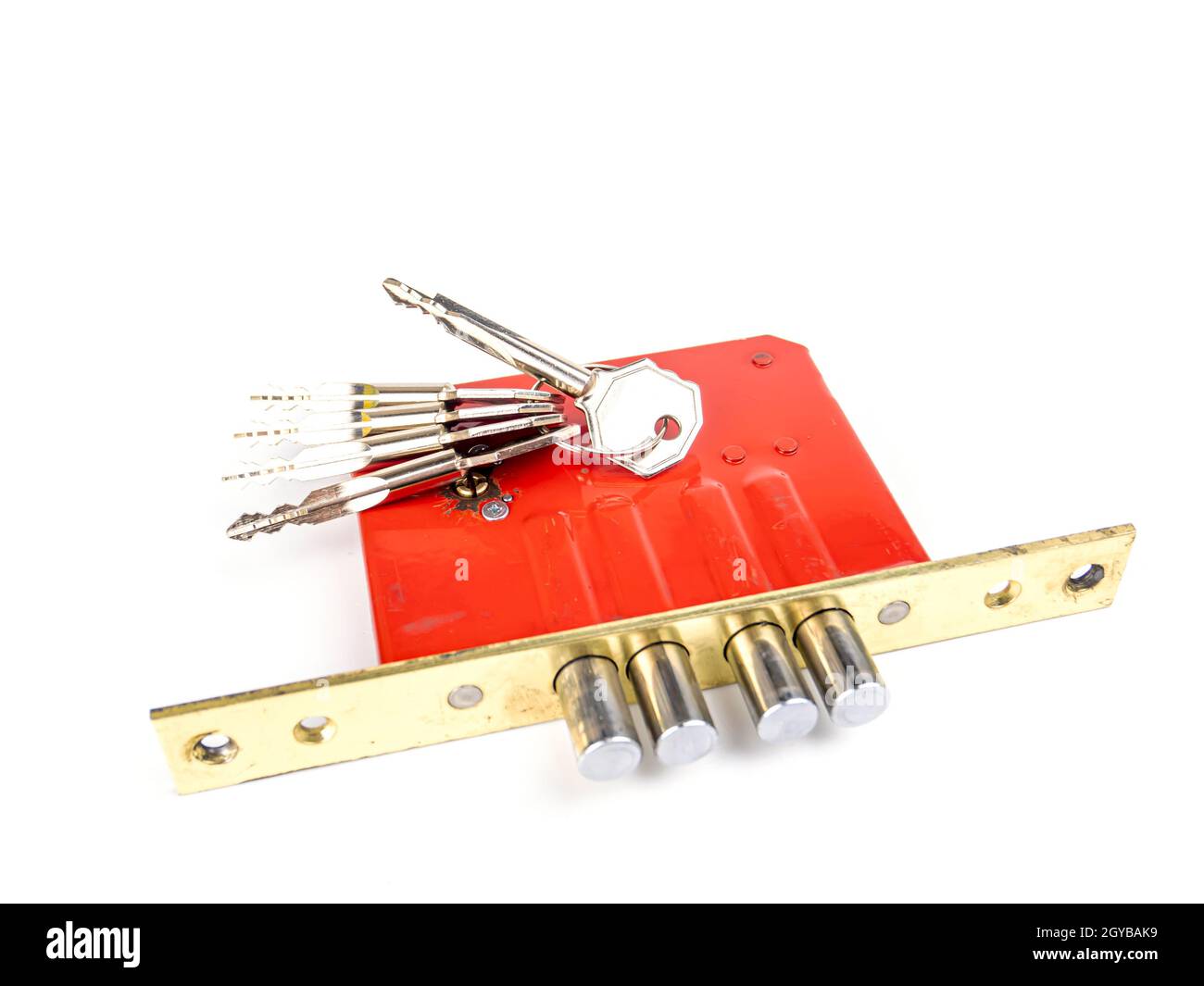 Door lock with keys on a white background. Security. Security. Place ...