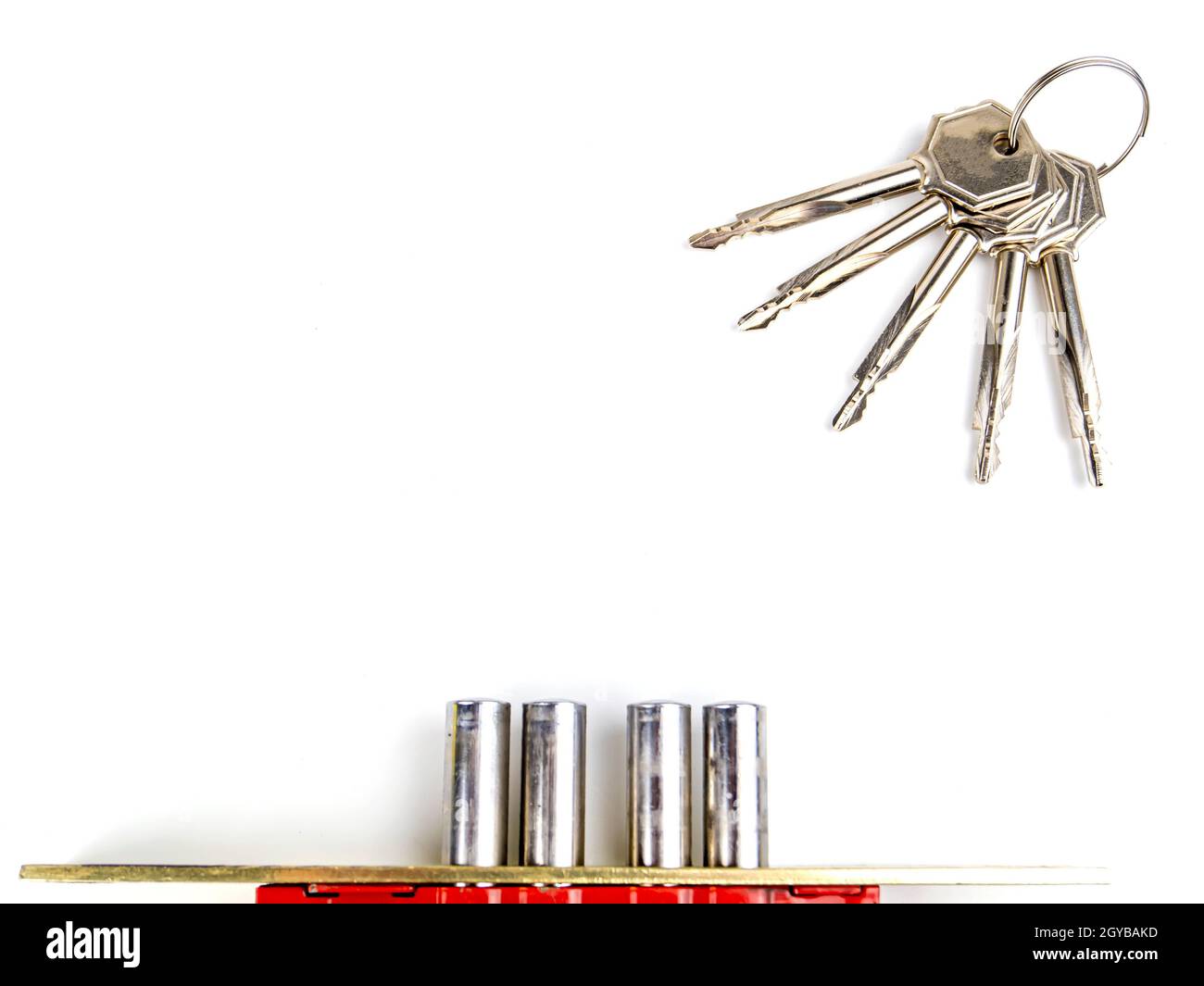 Door lock with keys on a white background. Security. Security. Place ...