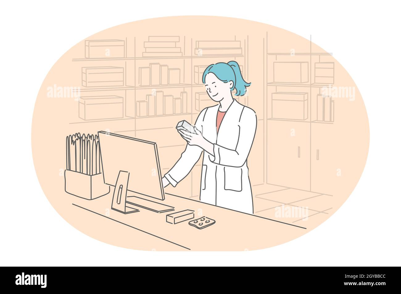 Pharmacy worker, occupation, full time job concept. Young smiling woman ...