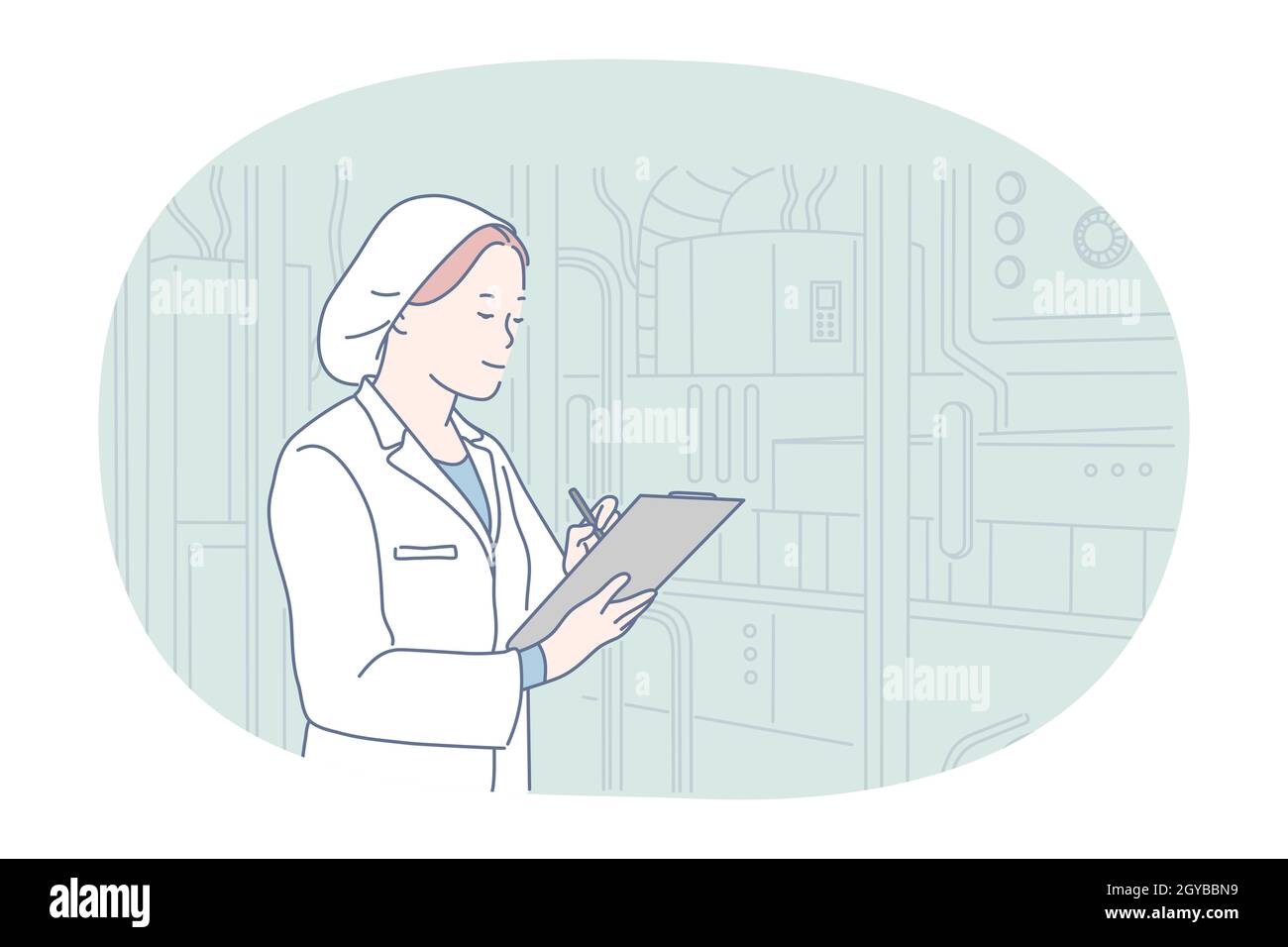 Working in factory or plant concept. Young positive woman cartoon ...