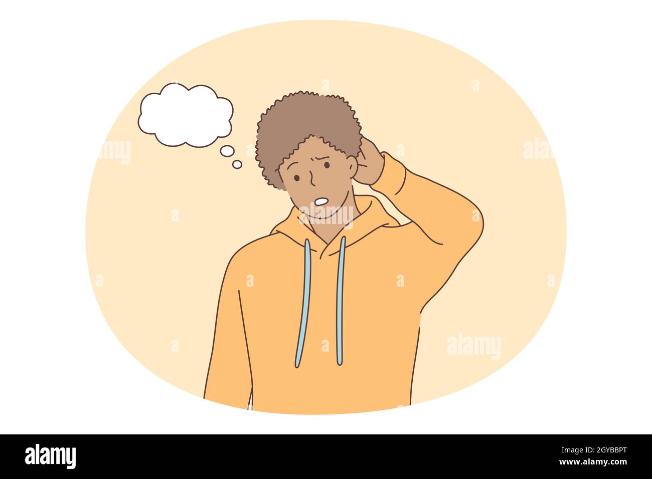 Doubt, stress, confusion concept. Young man touching head and thinking ...