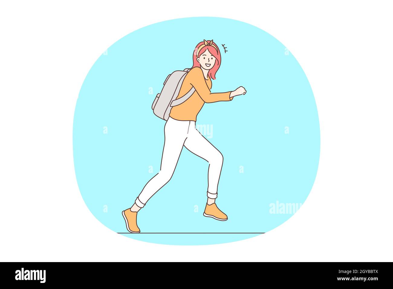 Hurrying up and running concept. Young smiling girl cartoon character ...