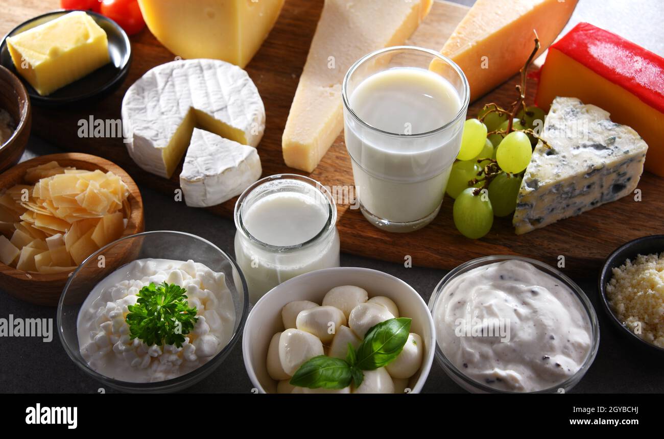 A variety of dairy products including cheese, milk and yogurt Stock ...