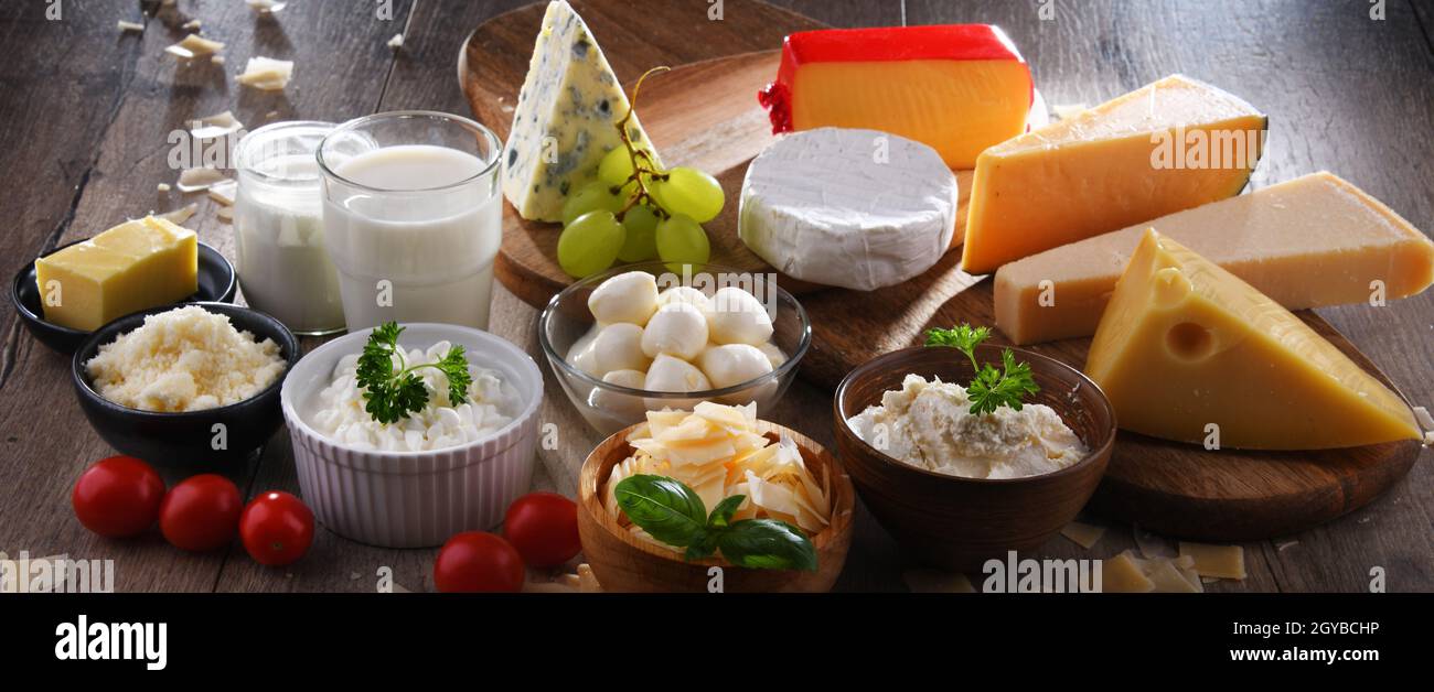 A variety of dairy products including cheese, milk and yogurt Stock ...