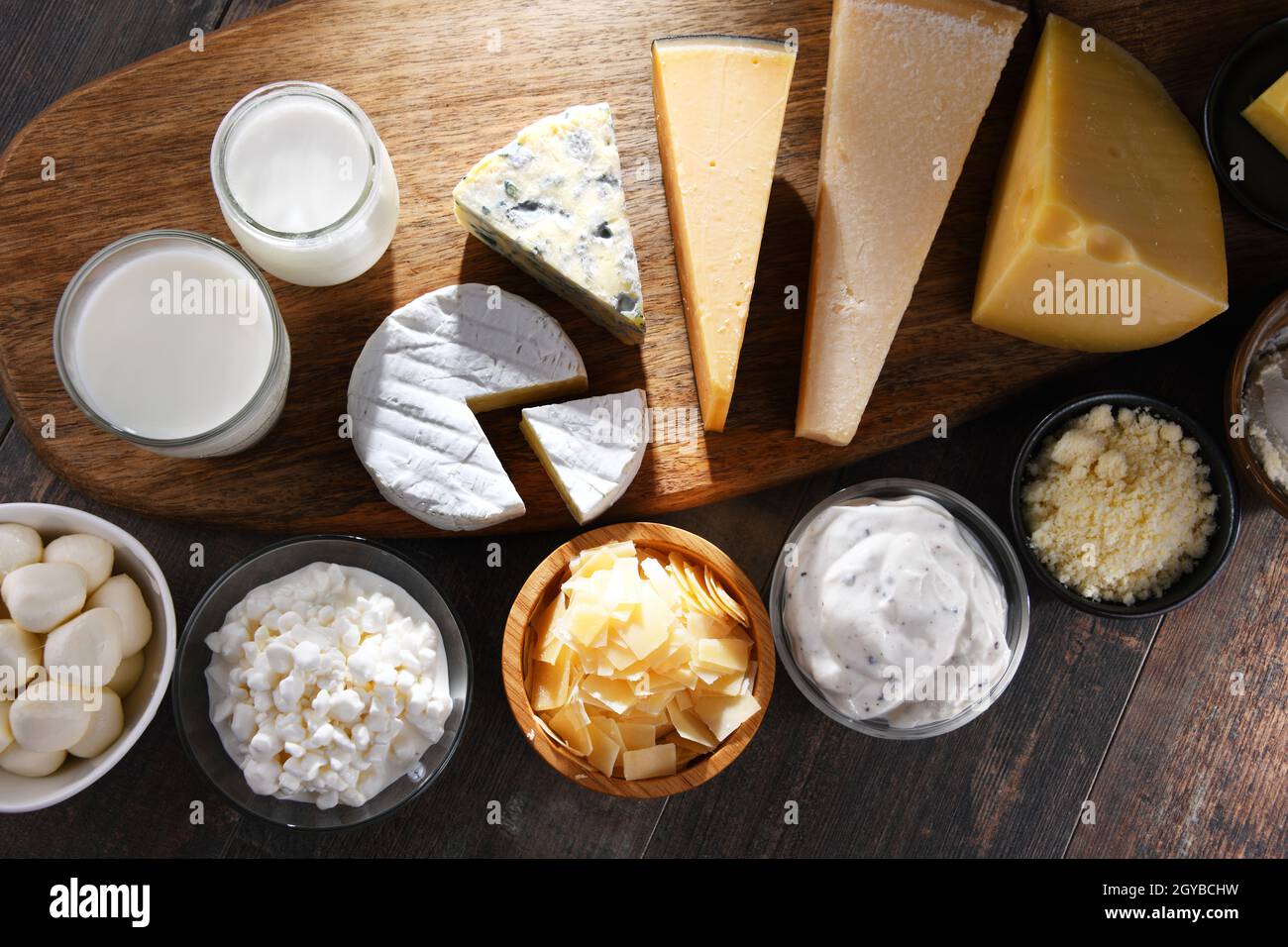 A variety of dairy products including cheese, milk and yogurt Stock ...