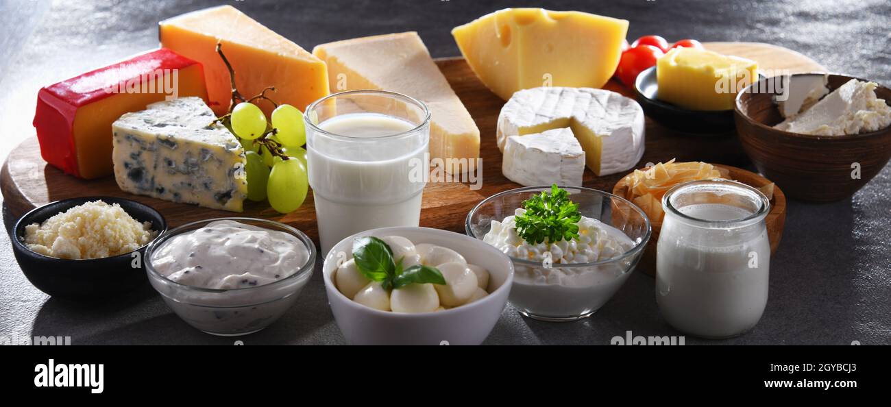 A variety of dairy products including cheese, milk and yogurt Stock ...