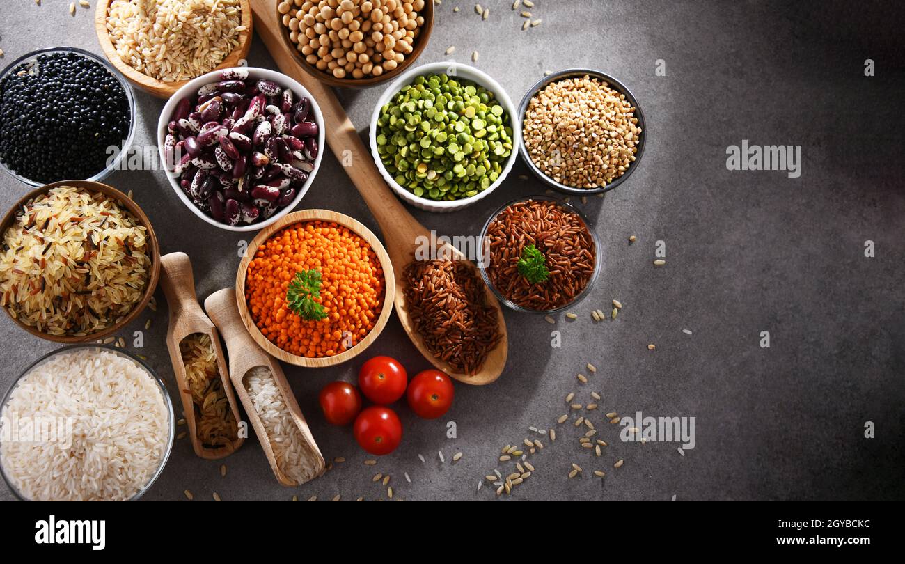 Composition with different kinds of dry food products Stock Photo - Alamy