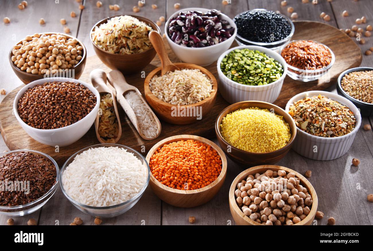 Composition with different kinds of dry food products Stock Photo - Alamy