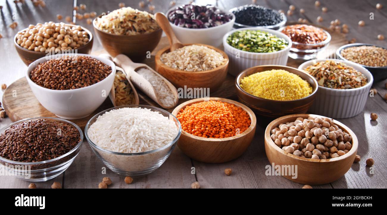 Composition with different kinds of dry food products Stock Photo - Alamy