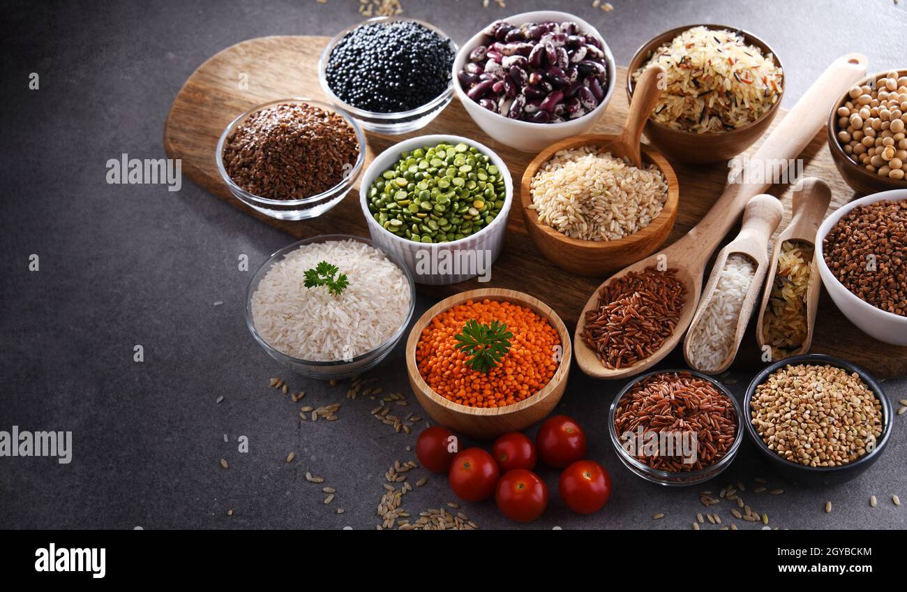 Composition with different kinds of dry food products Stock Photo - Alamy