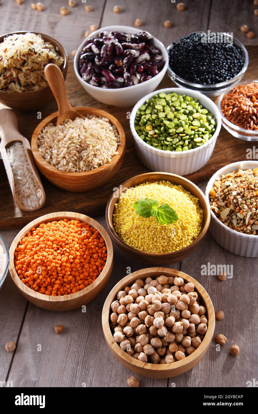 Composition with different kinds of dry food products Stock Photo - Alamy