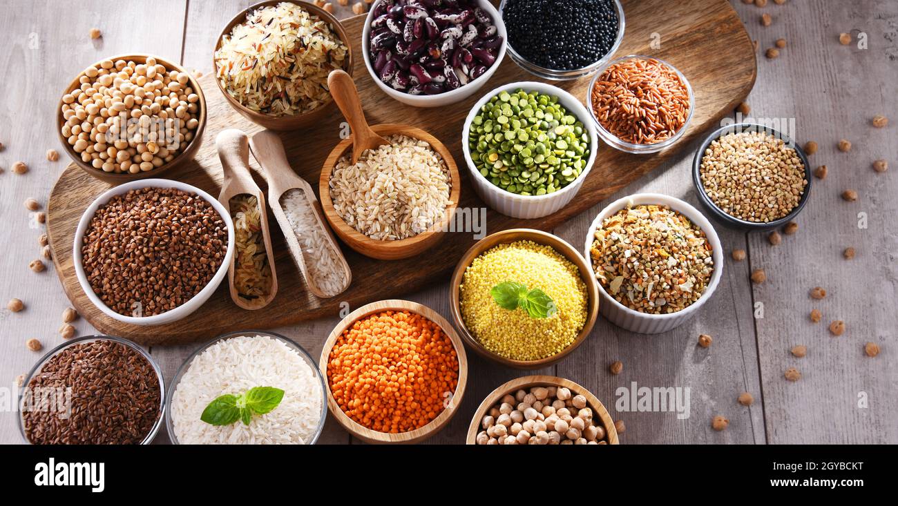 Composition with different kinds of dry food products Stock Photo - Alamy