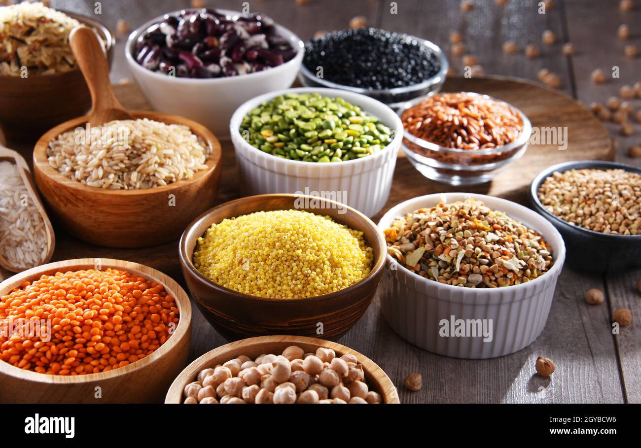 Composition with different kinds of dry food products Stock Photo - Alamy