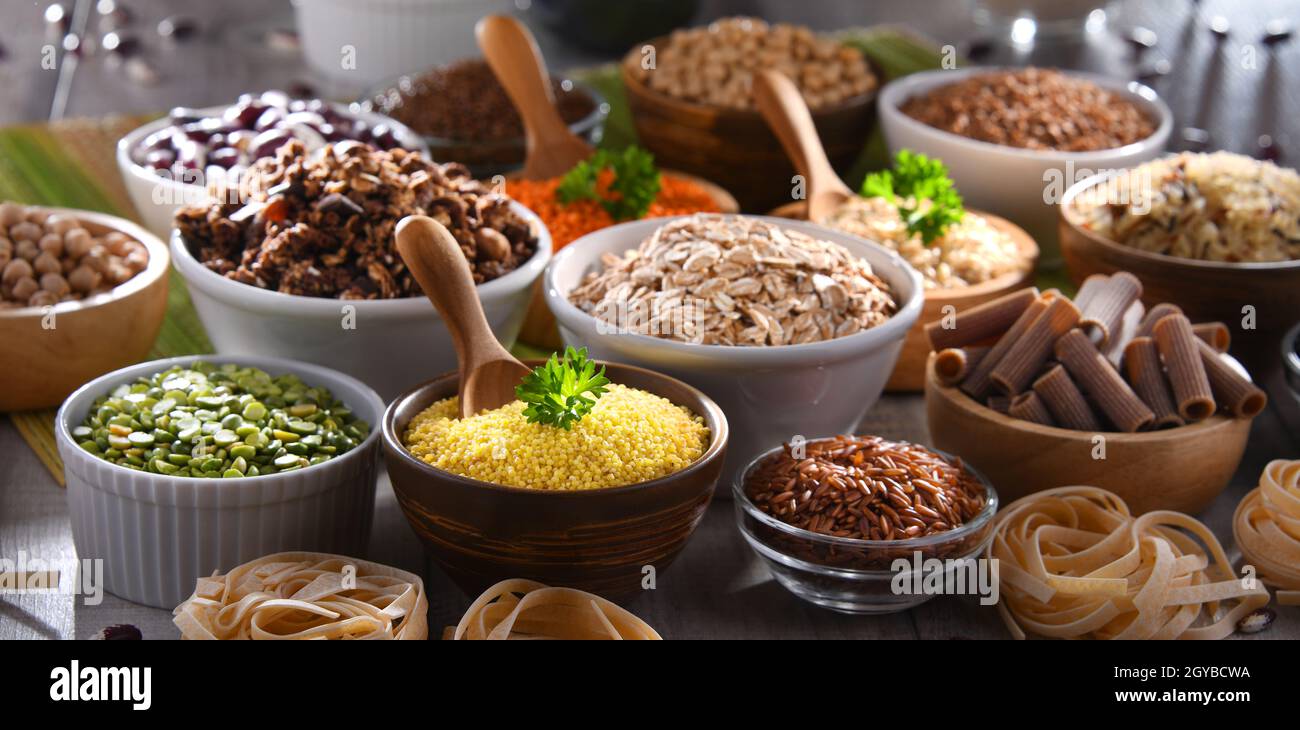 Composition with different kinds of dry food products Stock Photo - Alamy