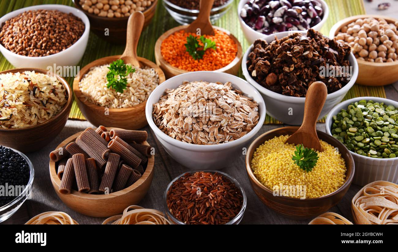 Composition with different kinds of dry food products Stock Photo - Alamy