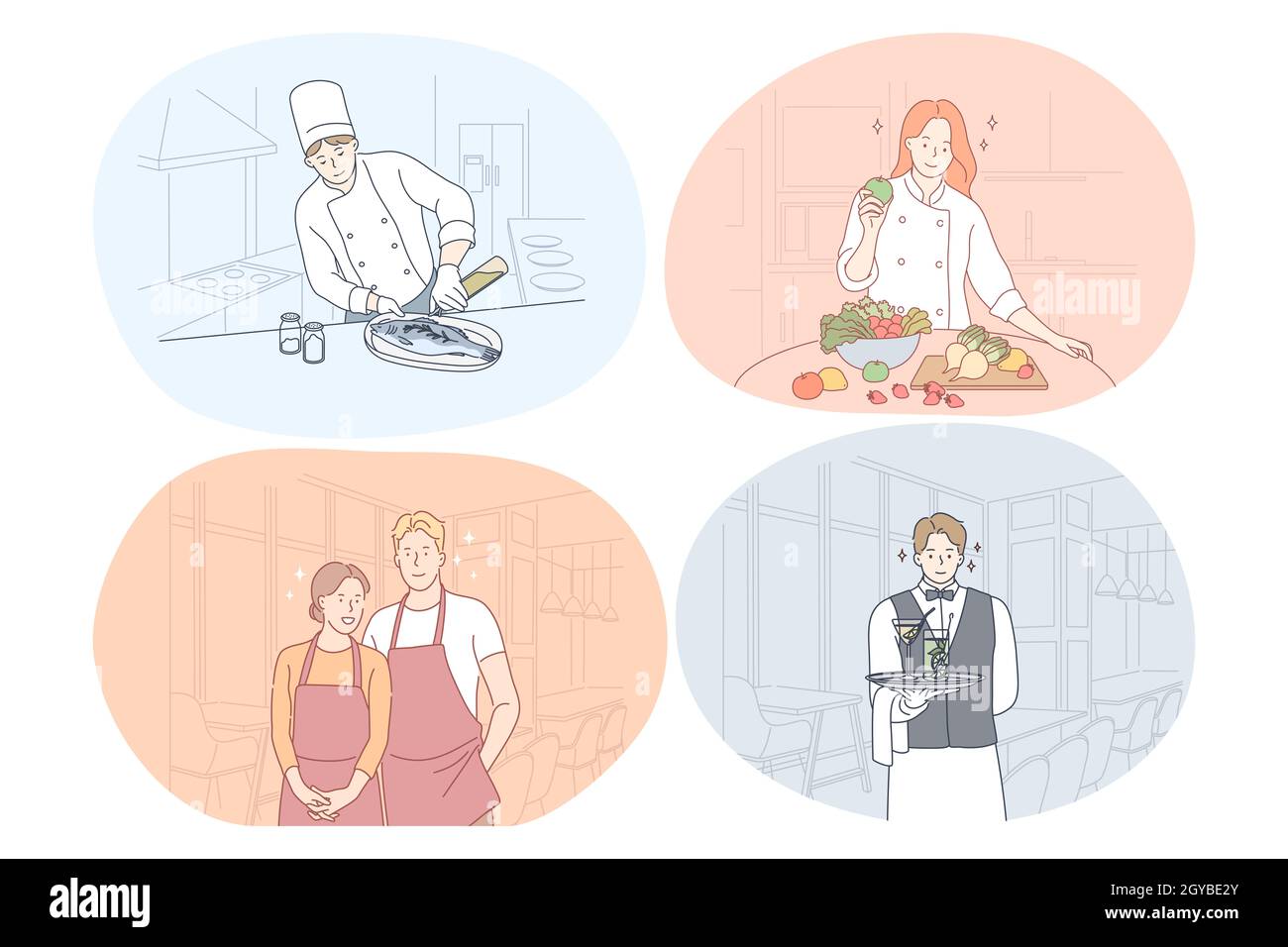 Restaurant worker, cook, chef, waiter, barista concept. Young positive ...