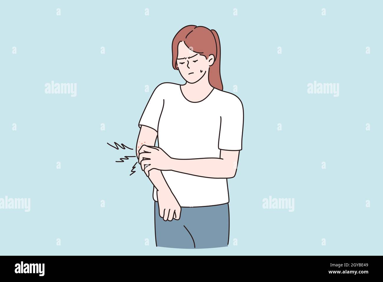 Itchy skin and allergy concept. Young displeased girl cartoon character ...