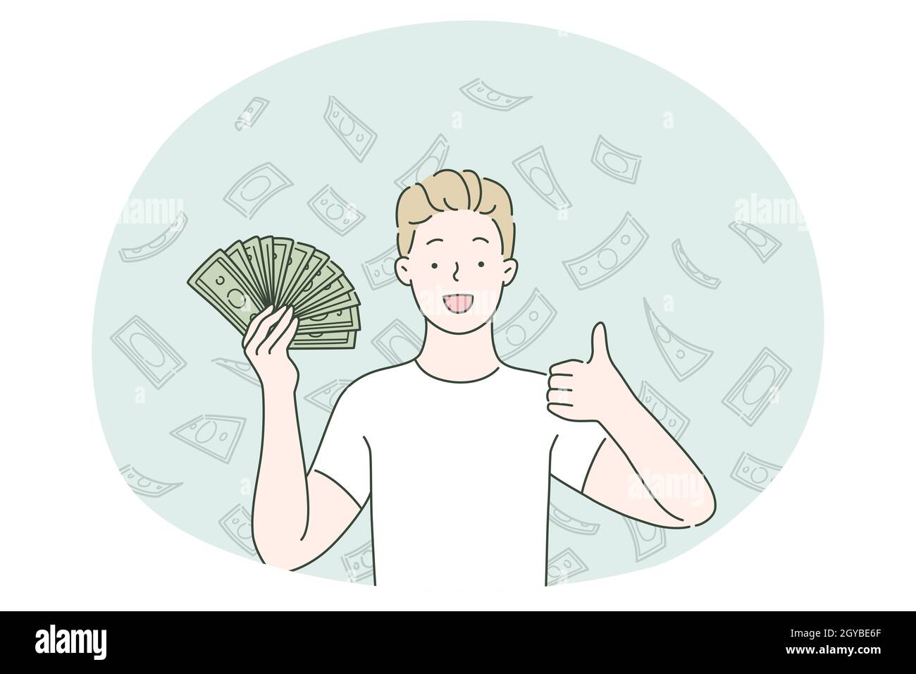 Money, profit, wealth concept. Young happy man cartoon character ...