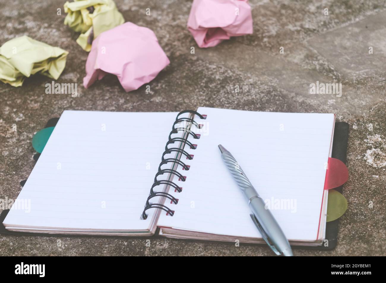 Notebook pen and crumpled paper on rustic floor. Mistake Learning ...