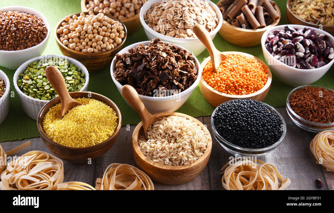 Composition with different kinds of dry food products Stock Photo - Alamy