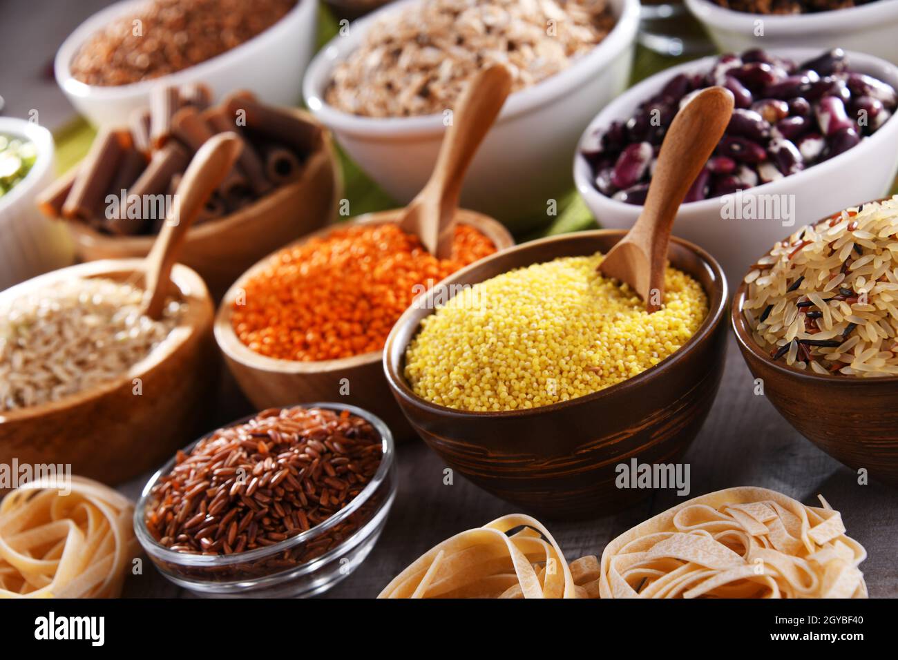 Composition with different kinds of dry food products Stock Photo - Alamy